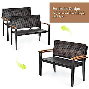 Tangkula Patio Wicker Bench, All Weather Rattan Bench w/Acacia Wood Armrest, Outdoor Loveseat Chair, Lightweight Patio Stackable Dining Bench for Front Porch, Backyard, Lawn, Garden, Pool, Deck