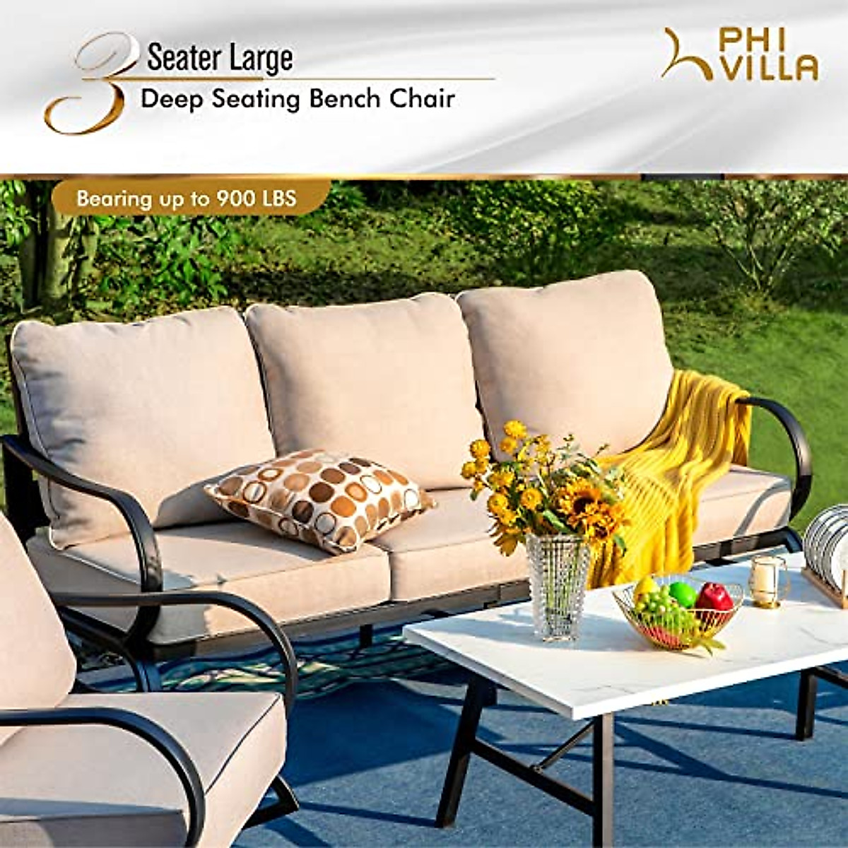 PHI VILLA 6 Piece Patio Conversation Sets, Deluxe Outdoor Patio Set for 5-7 Person with 3 Seater Padded Deep Seating Bench, 2 Padded Swivel Armrest Sofa Chairs, 2 Ottoman and & 1 Coffee Table