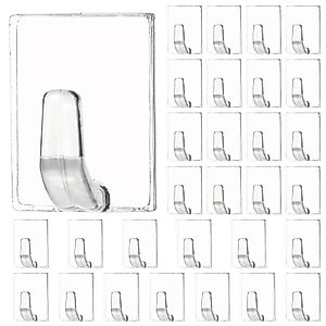Gjinxi 30Pcs Adhesive Hooks for Hanging, Transparent Heavy Duty Wall Hooks, Clear Plastic Sticky Hanging Hooks, Door Hooks Hangers with Double Sided Tapes for Home Kitchen Bathroom Bedroom Office