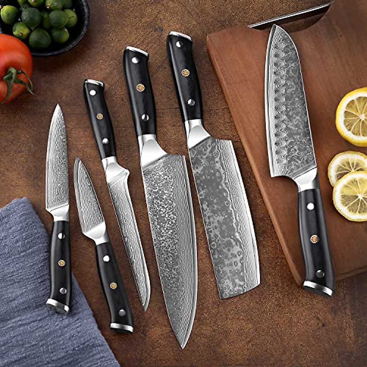 SENKEN 6-Piece Damascus Steel Kitchen Knife Set - Shogun Collection - 67-Layer Japanese VG10 Steel - Chef's Knife, Cleaver Knife, & More, Extremely Sharp Blades for Effortless Cutting, Luxury Gift Box