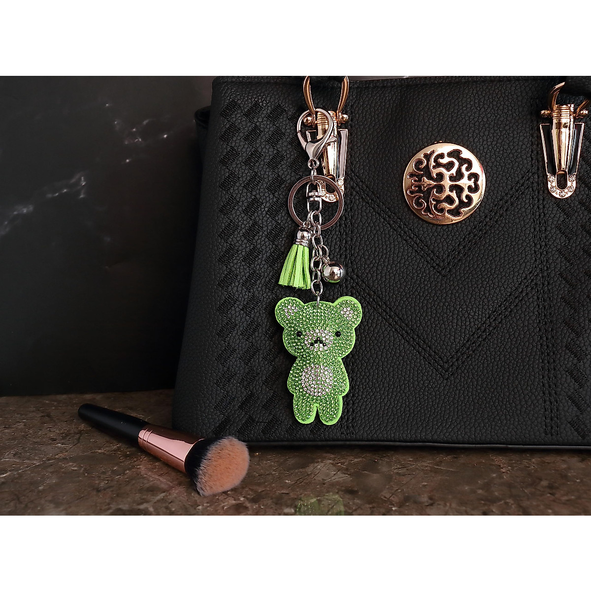 AuPra Green Teddy Bear Crystal KeyChain Gift Women Bling Rhinestones KeyRing Home Car Bag Clip Key Holder Lady Girl Tassel Present