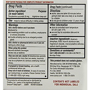 Kirkland Signature Nighttime Sleep Aid (Doxylamine Succinate 25 mg), 192 Tablets