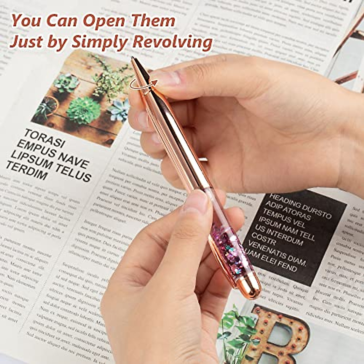 PAFUWEI 4 Pack Rose Gold Retractable Ballpoint Pen Metal Ball Pens Bling Dynamic Liquid Sand Pens Chunky Pens for Office School Supplies, Medium Point, Black Ink