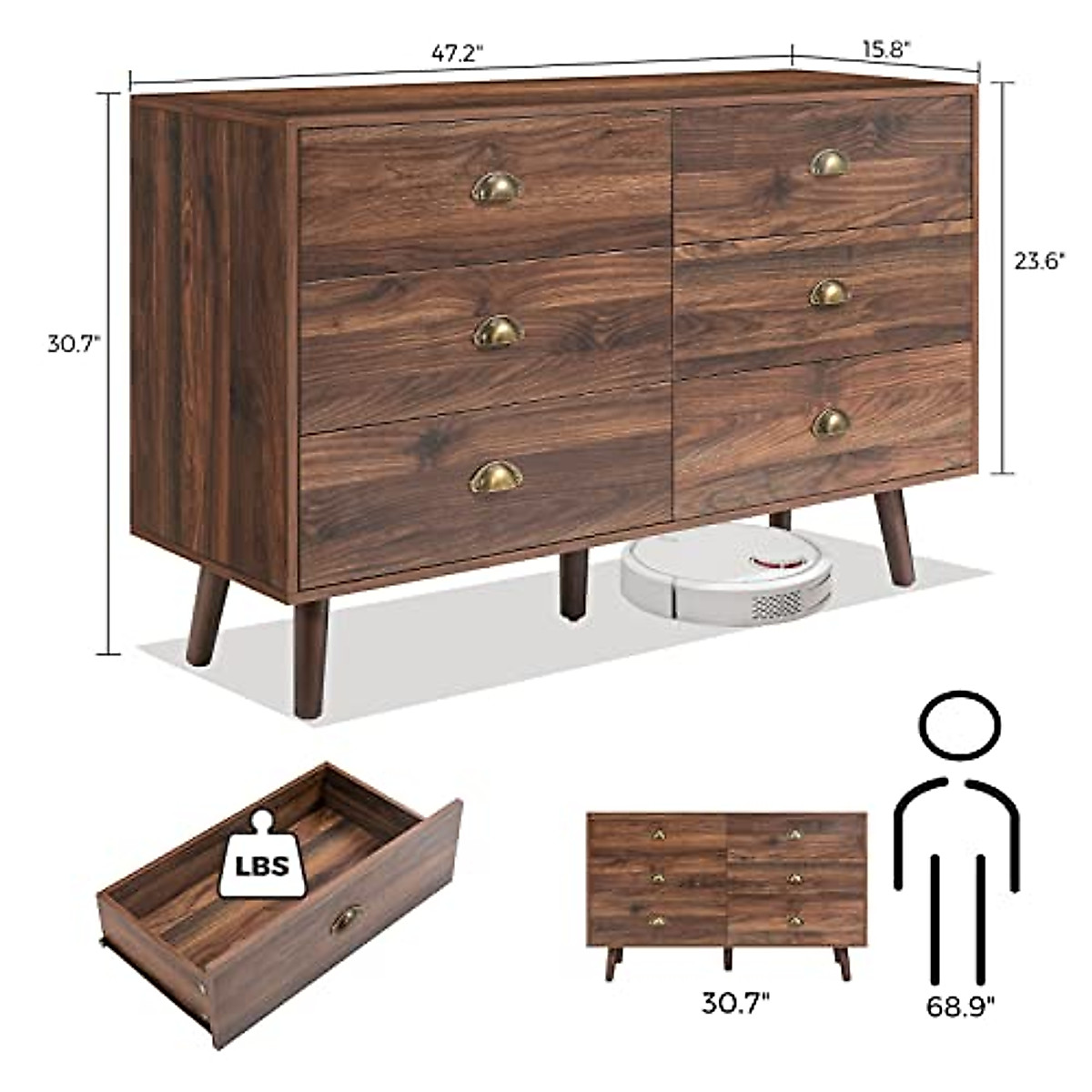 Vrullu Dresser for Bedroom with 6 Drawer, Walnut Dressers & Chests of Drawers with Bronze Handles, Modern Storage Drawers for Entryway, Closet, Hallway, Nursery (1, Walnut)