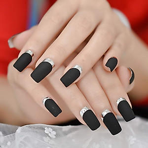 ELEVENAIL Matte Black Silver Metallic French Press on False Nails Medium Length Square Salon DIY Manicure Reusable Fake Acrylic Christmas Nail Art Tips with Jelly Adhesive Tabs Nail File