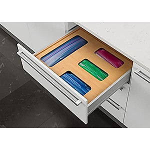 Bamboo Ziplock Bag Drawer Organizer Storage Box Baggie Holder for Kitchen Drawer or Wall Mount, Compatible with Gallon, Quart, Sandwich, And Snack Variety Size Bags, 1 Box 4 Slots