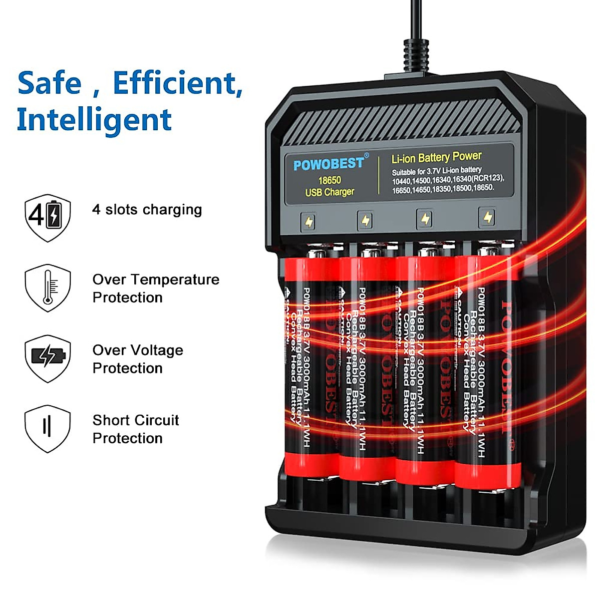 POWOBEST 18650 Battery Charger, 4 Bay USB Smart Universal Battery Charger Compatible with 3.7V Li-ion IMR INR 14500 14650 18350 18500 18650 RCR123A 18490 16340 17670 POWO18B Batteries Charger