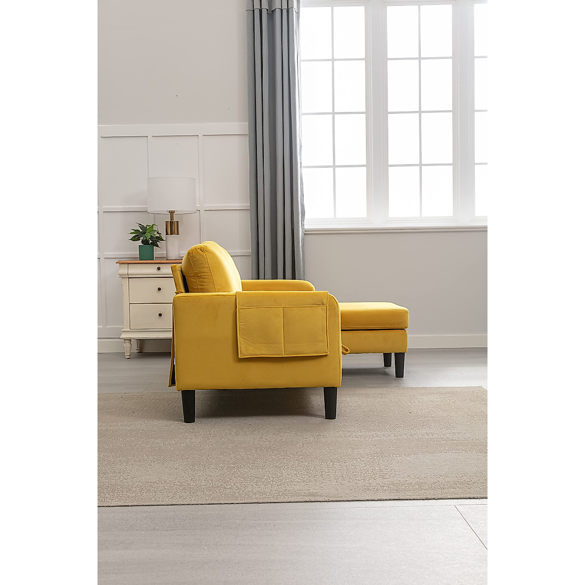 RXRRXY Sectional Sleeper Sofa Bed with Convertible Storage Chaise Lounge, Upholstered L-Shaped Pull Out Sofa Couch Bed with Side Pocket and 3 Removable Pillows for Living Room, Apartment (Yellow)