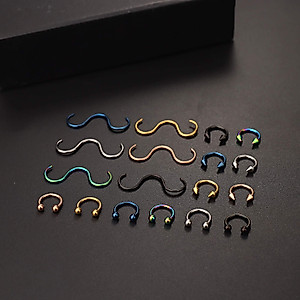 Drperfect 18PCS Septum Rings for Women Men 316L Stainless Steel Horseshoe Lip Cartilage Helix Tragus Earring Hoop Nose Rings Mustache Design Septum Piercing Jewelry