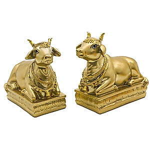 Hindu Nandi Holy Cow Statues - 2PCS Gold Nandi Cow Sitting Position Statue for House Temples Puja Home Decor Diwali Gift