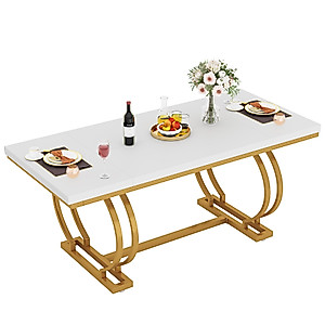 Tribesigns Modern Dining Table, 70.9 inches Wood Dinner Room Table for 6-8 People, Rectangular Kitchen Table with Gold Metal Circular Base for Kitchen, Dining Room, Living Room, White & Gold