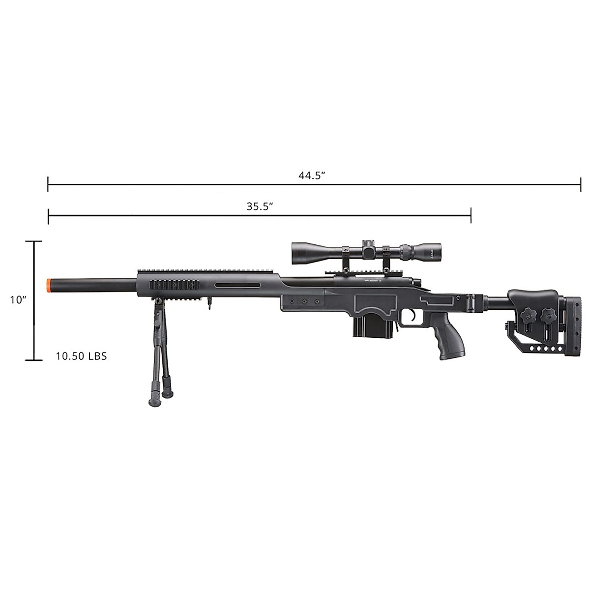 WF 410 High FPS Airsoft M24 Bolt Action Tri Rail Airsoft Rifle with Scope & Bipod - Black