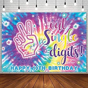 7x5ft Out Single Digits Backdrop Happy 10th Birthday Party Decorations Supplies for Baby Tie Dye Rainbow Neon It's My 10 Years Old Bday Photography Background Banner Photo Shoot Studio Props, Purple