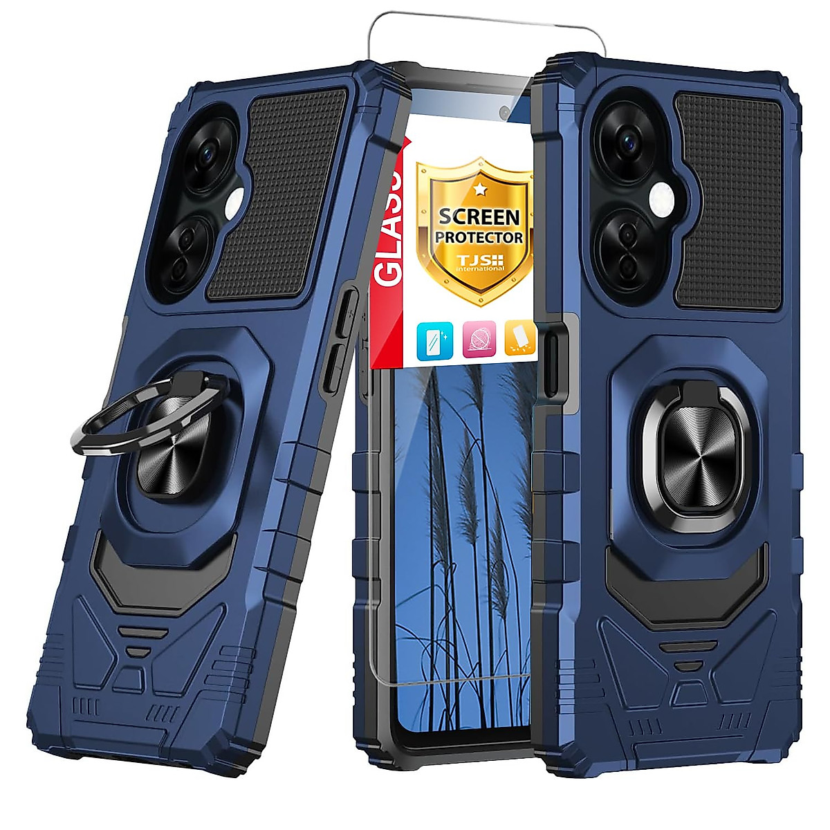 TJS Compatible for OnePlus Nord N30 5G Case, with Tempered Glass Screen Protector, Metal Ring Magnetic Support Kickstand Heavy Duty Drop Protection Cover Phone Case (Blue)