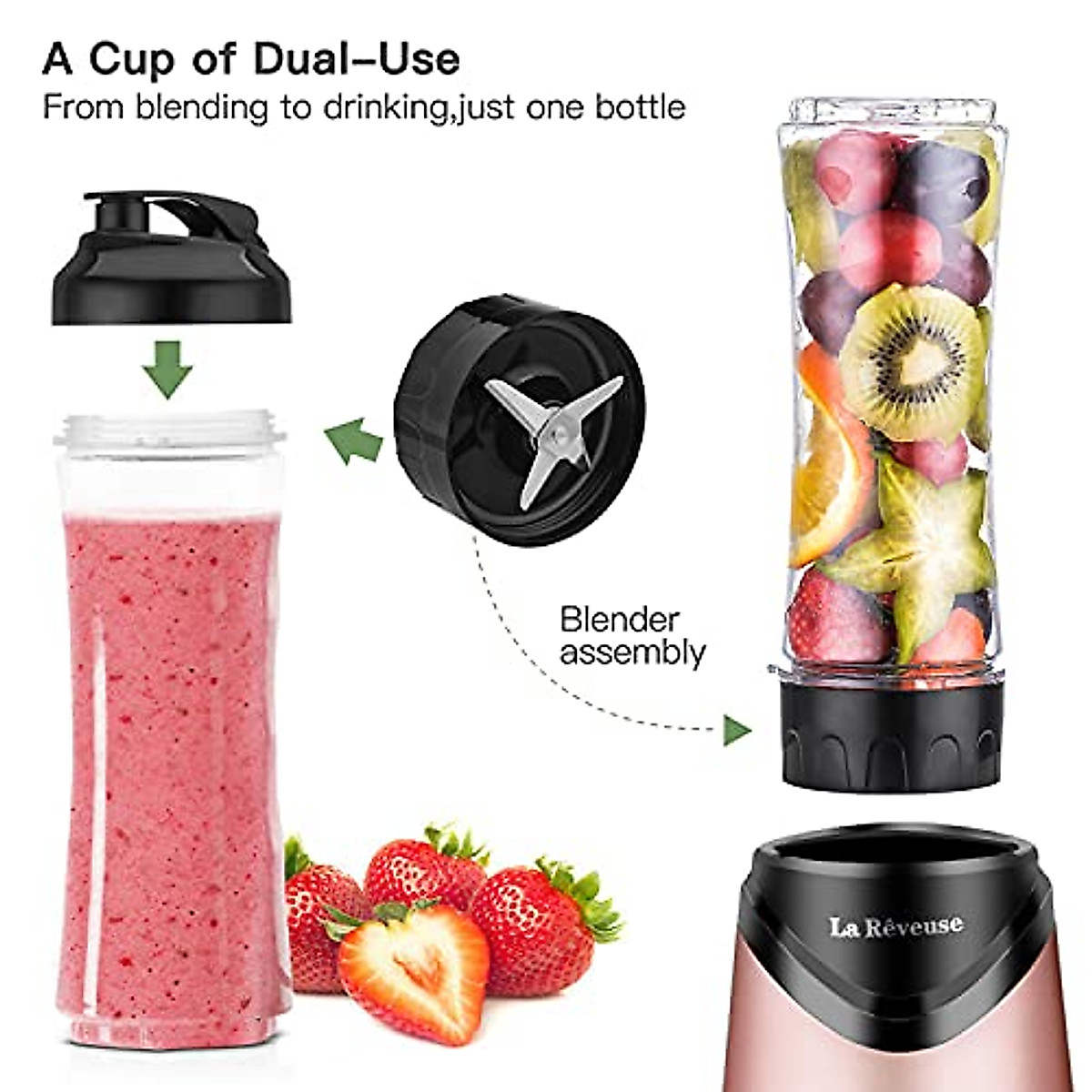 La Reveuse Smoothie Blender Personal Size 300 Watts with 2 Pieces 18 oz BPA-free Travel Sports Bottles,Grey (Pink)