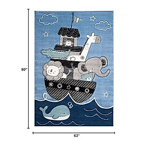 SAFAVIEH Carousel Kids Collection Area Rug - 5'3" x 7'6", Blue & Grey, Animal Design, Non-Shedding & Easy Care, Ideal for High Traffic Areas for Boys & Girls in Playroom, Nursery, Bedroom (CRK121B)