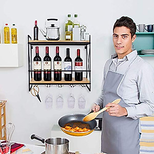 Small and Beauty Wine Glass Rack Wall Mounted,23.6in Industrial Wall Wine Racks for Wine Bottles,2-Tier Wood Shelf Wine Holder,Hanging Wine Racks with 5 Stem Glass Holder,Mugs Racks(Black Metal)