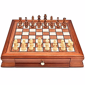 AMEROUS 12.8'' Magnetic Wooden Chess Set / 2 Built-in Storage Drawers / 2 Extra Queen/Gift Package/Chess Rules/Classics Strategy Board Games Chess Sets for Kids and Adults