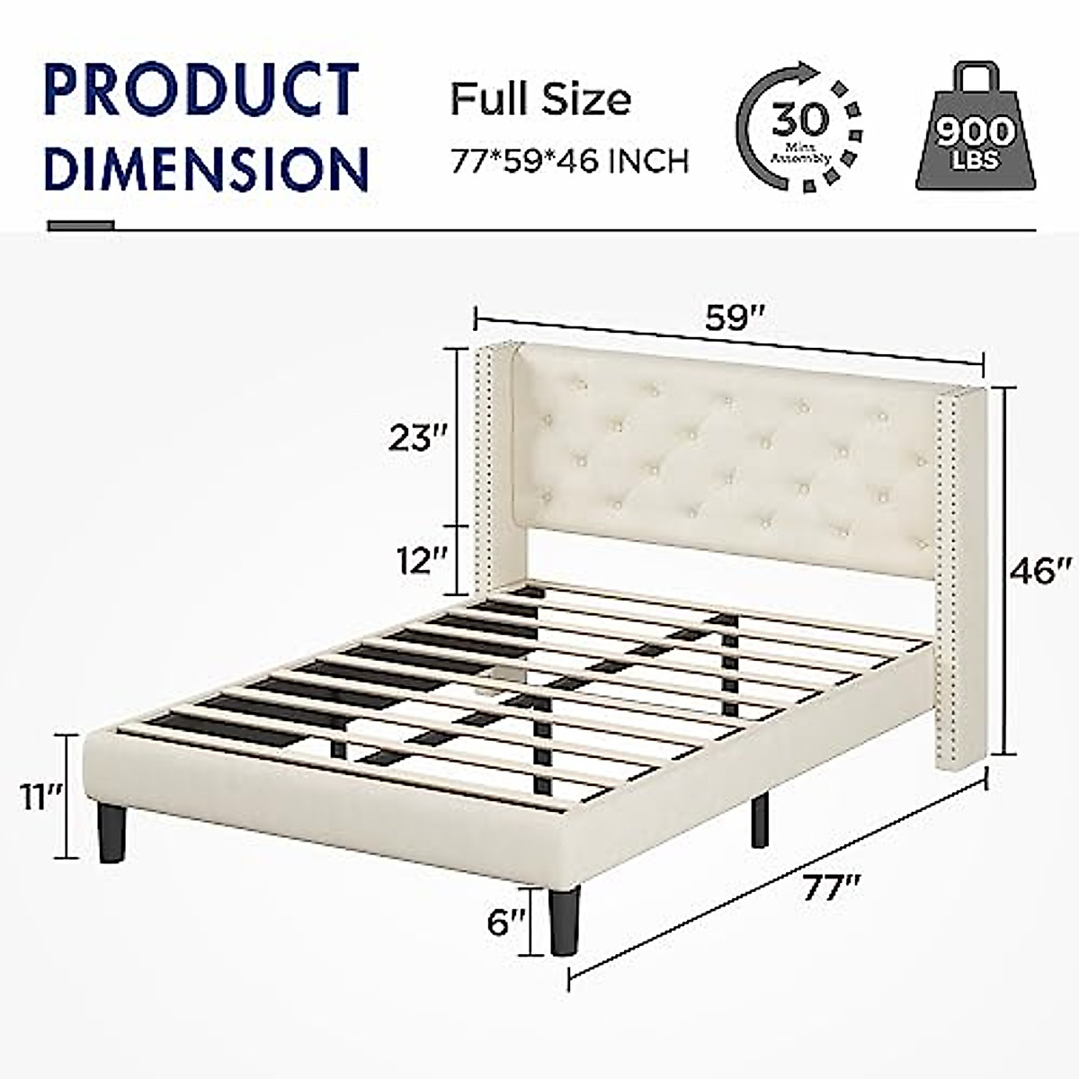 Lonkwa Full Size Bed Frame with Upholstered Wingback Headboard, Beige Platform Bed Frames with Tufted Diamond Button Headboard, Sturdy Wooden Slats, Noise-Free, Easy Assembly