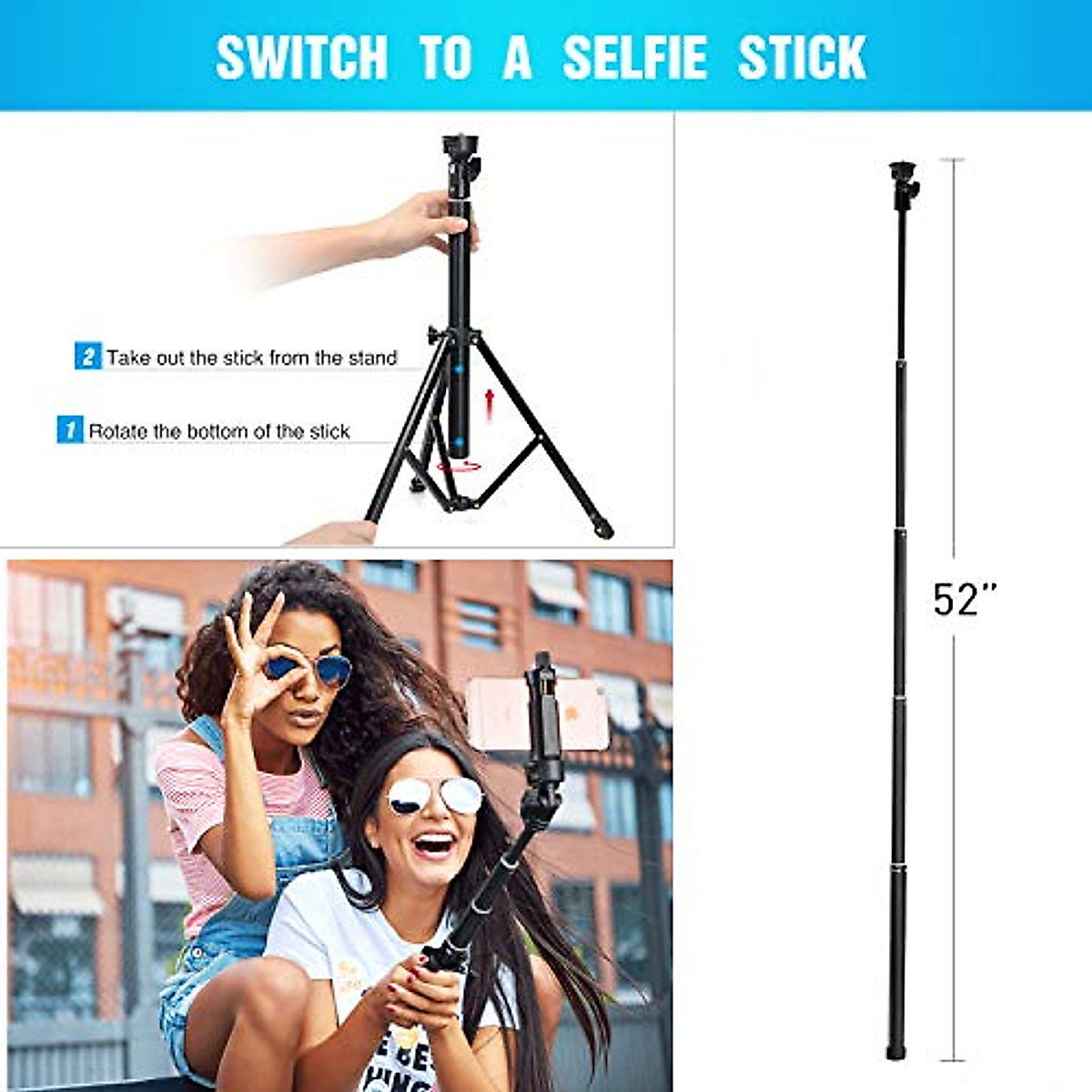 Selfie Stick Tripod 52 Inch Cell Phone iPhone Tripod Stand with Bluetooth Remote Smartphone for iPhone 11 Xs X 6 7 8, Android Cellphone Gopro Camera Mount Portable Monopod Feet Travel Lightweight …