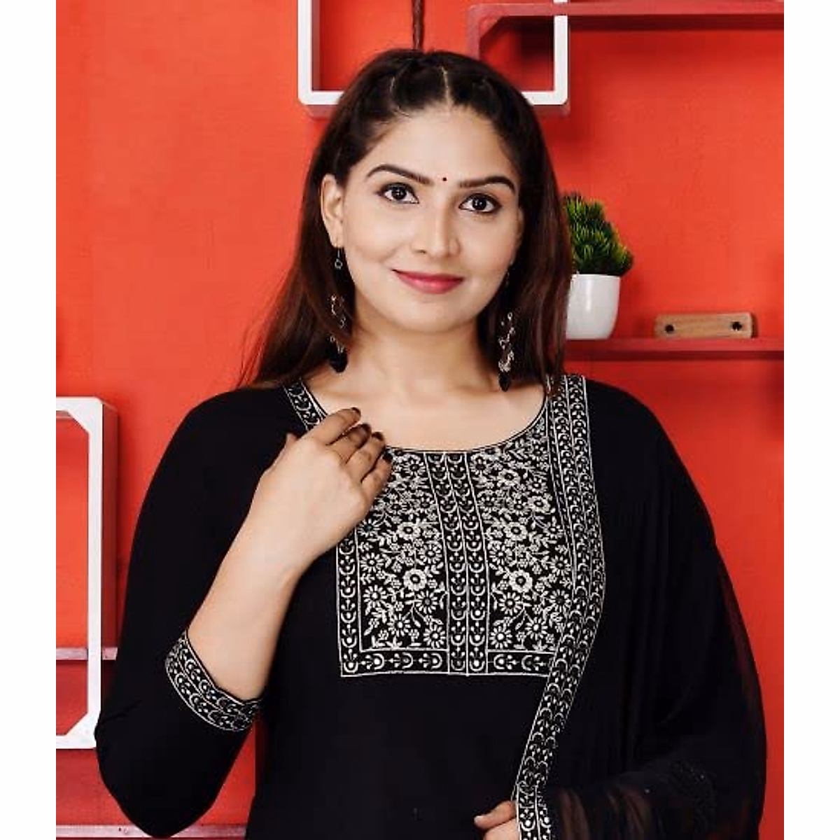 COTTON HTHRANG Indian Women's Tunic Tops Straight Rayon Black Kurtis Pant Sets W Chiffon Dupatta/A-Line Kurti Tunics