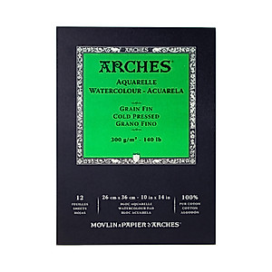 Arches Aquarelle Watercolor Pad, Cold Pressed, 140lb/300gsm, 12 Sheet, 10x14 inch, Arches Watercolor Paper 100% Cotton