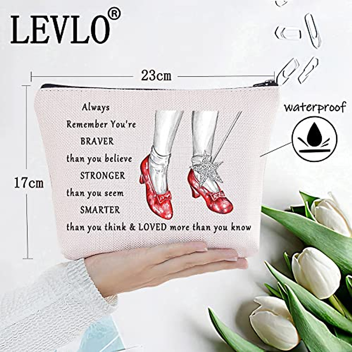 LEVLOPrincess Red Slippers Cosmetic Make up Bag You Are Braver Stronger Smarter Than You Think Gift Ruby Red Slippers Makeup Zipper Pouch Bag Wizard Movie Merch（ Doro Bag)