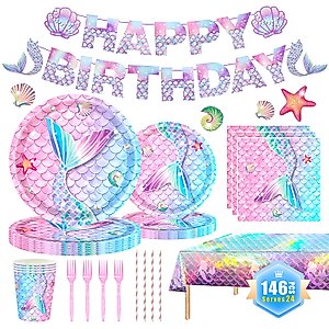 146Pcs Mermaid Plates and Napkins Mermaid Party Supplies Includes Plates, Napkin, Fork, Cup, Straw, Tablecloth, Banner for Baby Shower Ocean Birthday Party Decorations, Serves 24 (Mermaid)