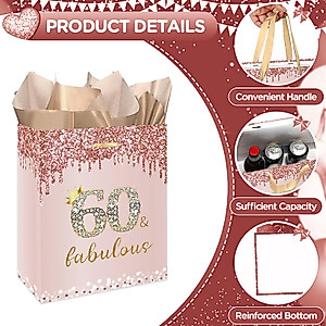 GOLDCROW Rose Gold 60th Birthday Gift Bag for Women with Handles Large Pink Happy 60th Birthday Gift Bag with 60th Birthday Wrapping Paper and Card for 60th Birthday Decorations Party Supplies