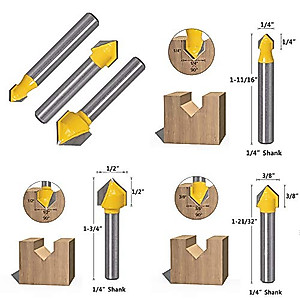 Yakamoz 6Pcs 1/4" Shank Carbide 90 Degree V-Groove and Round Nose Groove Router Bit Set 3D CNC Signmaking Lettering Engraving Cutter Woodworking Carving Cutting Tool
