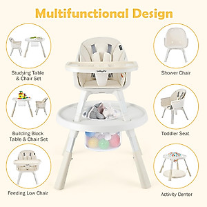 BABY JOY 7 in 1 Baby High Chair, Convertible Infant Feeding Chair w/Removable Tray, Adjustable Legs & Storage Basket, Toddler Building Block Table/Kids Table & Chair Set, Beige