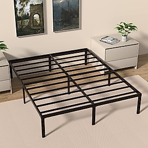 Meberam King Size Bed Frame 18 Inch Heavy Duty Metal Platform Bed Mattress Foundation Support No Box Spring Need, Black