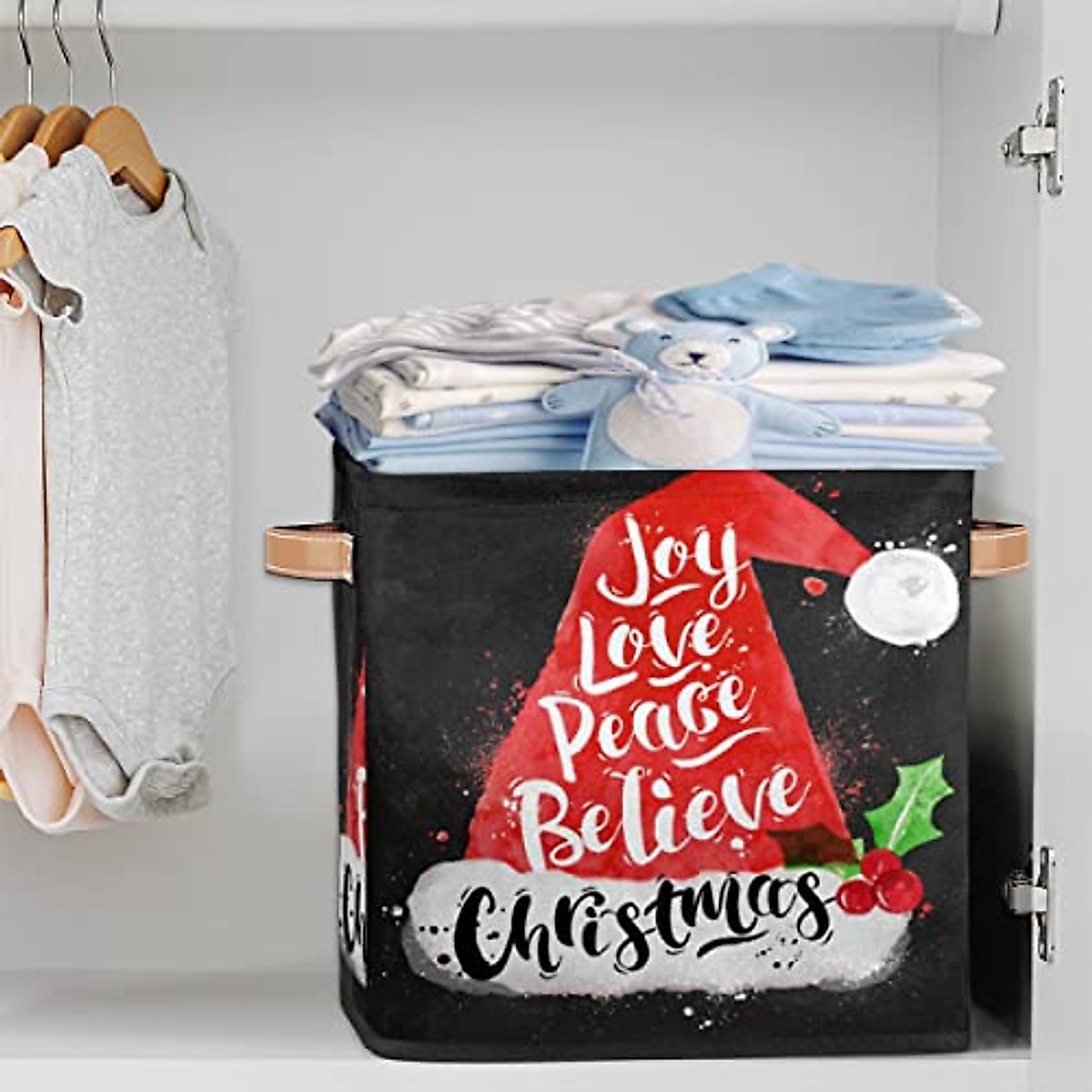 Large Collapsible Storage Bins,Christmas Hat Decorative Canvas Fabric Storage Boxes Organizer with Handles,Cube Square Baskets Bin for Home Shelves Closet Nursery Gifts