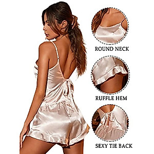 Ekouaer Silk Pajamas Set Women Satin Sleepwear Ruffled Camisole Shorts Pjs Nightwear Beige