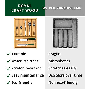 ROYAL CRAFT WOOD Luxury Bamboo Kitchen Drawer Organizer - Silverware Organizer and Cutlery Tray with Grooved Drawer Dividers for Flatware and Kitchen Utensils (7 Slot, Natural)