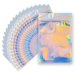 100 Pieces Resealable Smell Proof Bags - 4 x 6 Inches Foil Pouch Bags， Flat Clear Ziplock Food Storage Bags Plastic Packaging Foil Mylar Bags for Party Favor Food Storage (Holographic Rainbow Color)