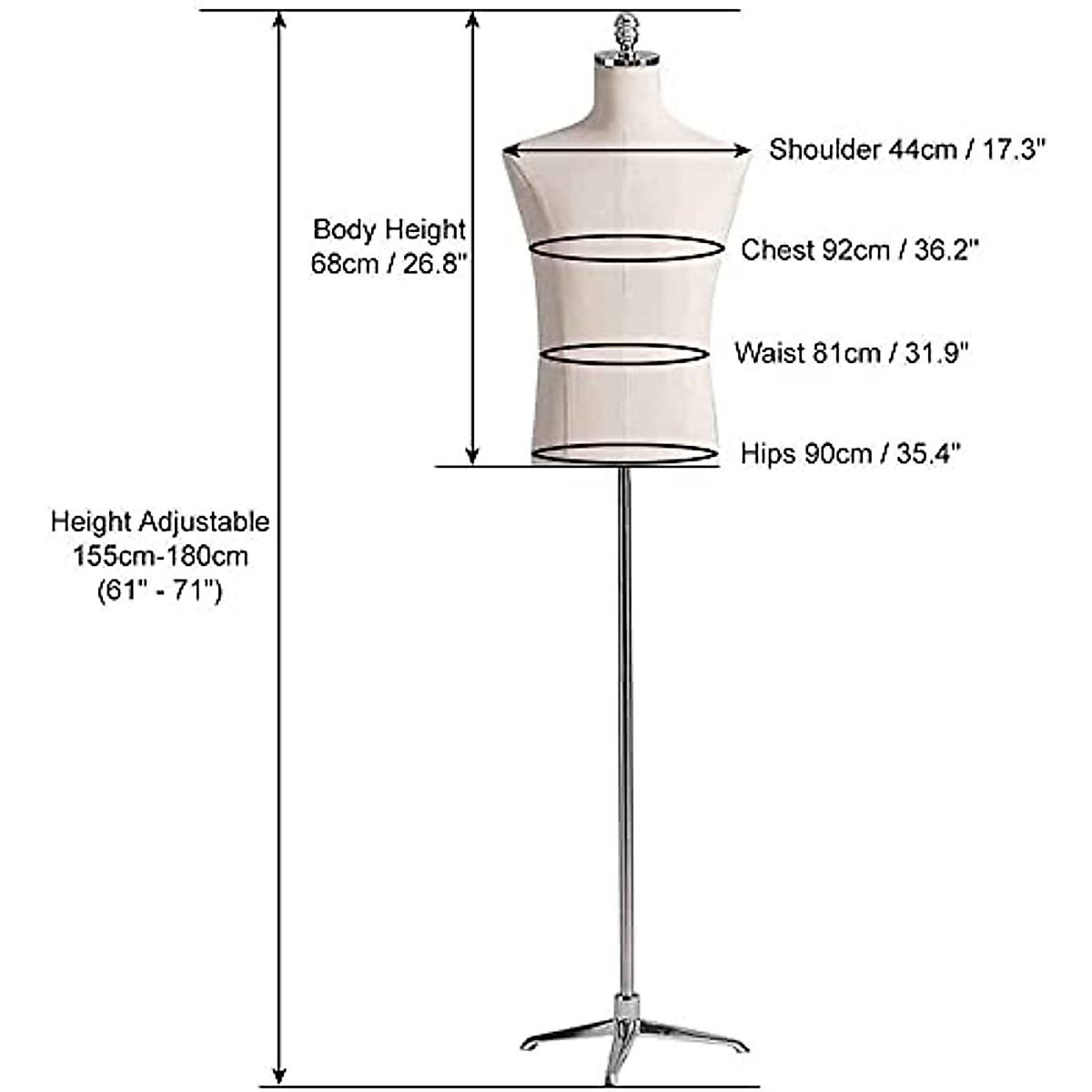 Tailors Dummy Mannequins Beige Male Linen Mannequin Torso, Dress Form Clothing Display Stand with Metal Base - Easy Assemble and Clean Dressform Mannequin