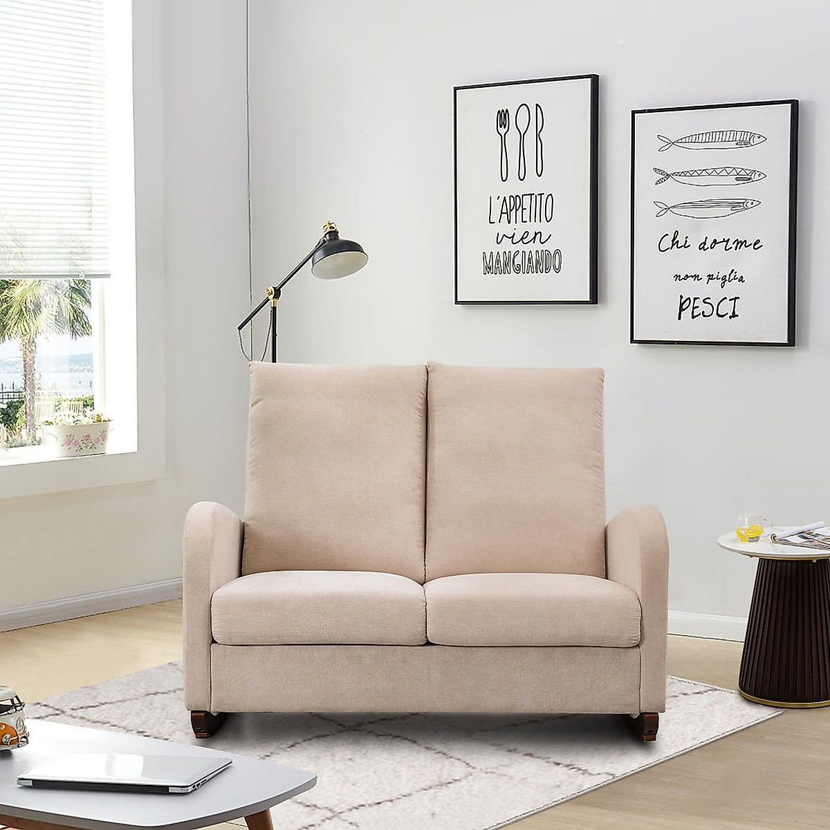 Antetek Modern Double Rocking Chair, Oversized Glider Rocker for Nursery and Kids, Loveseat Accent Armchair with High Backrest and Wide Pocket, Upholstered Lounge Chair for Living Room, Beige