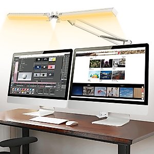 NOEVSBIG LED Desk Lamp Double Head Architect Work Desk Lamps for Office, Desk Light with Flexible Swing Arm,3 Color Modes 10 Brightness Levels for Big Workbench Reading (32 inch)