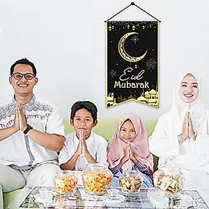Eid Mubarak Hanging Door Sign EID Decorative Hanging Sign Muslim Party Decorations Black Gold Moon Lantern Banner for Ramadan Kareem Eid Mubarak Sign Home Decor Happy EID Muslim Party Supplies Favor