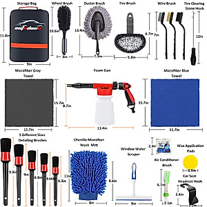 AUTODECO 33Pcs Car Wash Cleaning Kit with Foam Gun Sprayer Blue Canvas Bag Wash Mitt Sponge Towels Tire Brush Window Scraper Duster Complete Interior Exterior Car Detailing Set