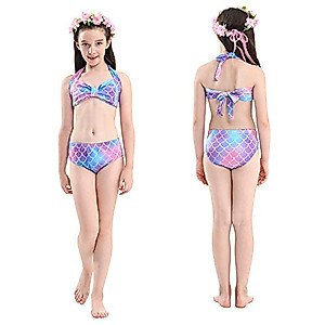 5Pcs Girls Swimsuit Mermaid Tails for Swimming Kids Bikini Costume Sets with Flower Headband (No Monofin) (DH48-P,7-8 Years)