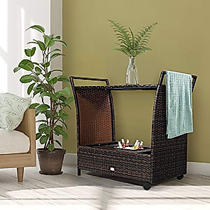 Tangkula Outdoor Wicker Bar Cart, Patio Wine Serving Cart w/Wheels & Removable Ice Bucket, Rolling Rattan Beverage Bar Counter Table w/Glass Top for Porch Backyard Garden Poolside Party, Mix Brown