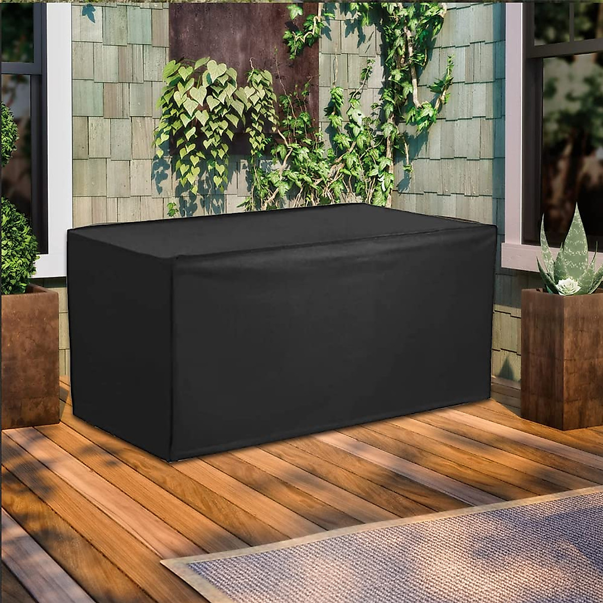 SUNSURE Deck Box Cover Heavy Duty Waterproof Outdoor Ottoman Bench Cover for Keter Large Deck Boxes Rectangular Storage Box Cover with Drawstring and Zipper (62x32x28in)