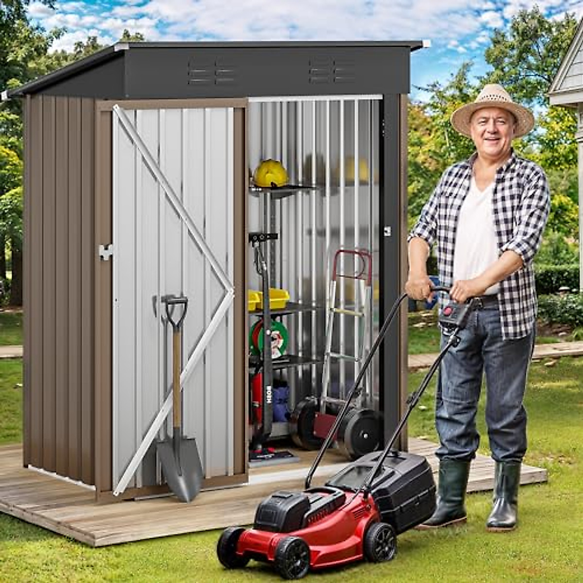 DWVO Metal Outdoor Storage Shed 5x3ft, Lockable Tool Sheds Storage with Air Vent for Garden, Patio, Lawn to Store Garbage Can, Lawnmower, Brown