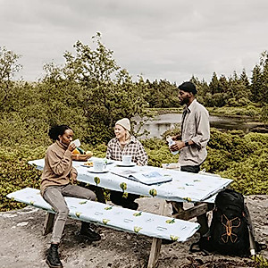 Picnic Table Cover and Bench Covers, Fitted Tablecloth Cover with Elastic Edge, Water and Oil Proof, for Outdoor, Garden, Camping, 72x28 Inch, 3 Pieces Set, Blue & White, Camping Cartoon