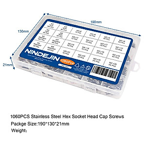 NINDEJIN M2 M3 M4 M5 Hex Socket Head Cap Screw Bolts Nuts and Washer Assortment Kit, 1060 PCS Black Machine Screws Set, 12.9 Carbon Steel Metric Small Parts with 4 Pieces Allen Wrenches