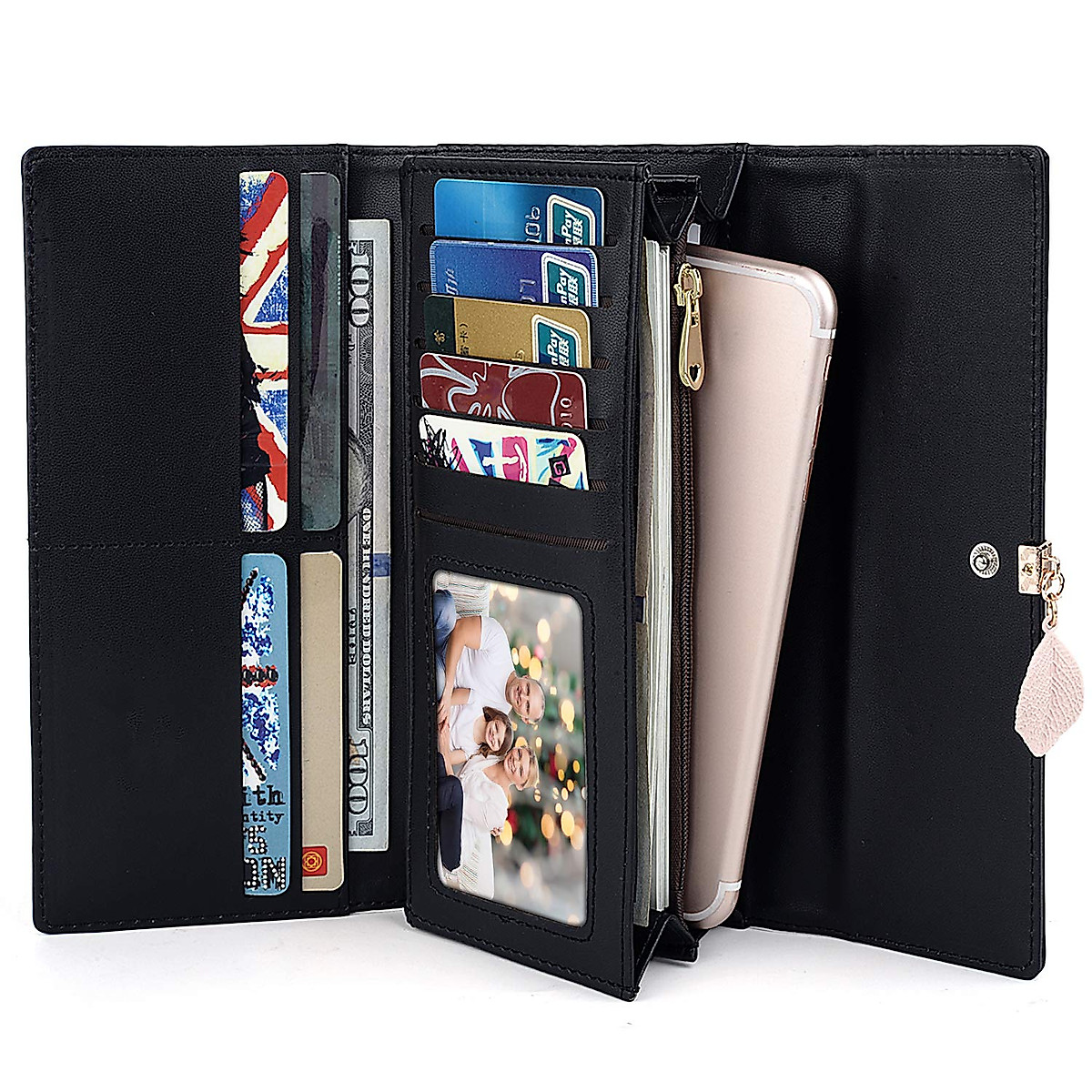 UTO RFID Wallet for Women PU Leather Leaf Pendant Card Holder Phone Checkbook Organizer Zipper Coin Purse Black