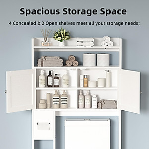 IdeaKey Over The Toilet Storage Cabinet with Toilet Paper Holder Stand, 7-Tier Freestanding Bathroom Over Toilet Storage with Shelves and Doors, Behind Toilet Storage Cabinet, White