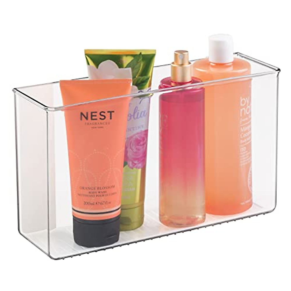 mDesign Plastic Storage Organizer Bin, Adhesive Mount for Cabinets & Walls in Bathroom, Vanity, Under Sink, Holds Body Wash, Shampoo, Lotion, Brushes, Hair Spray, Ligne Collection, 2 Pack, Clear